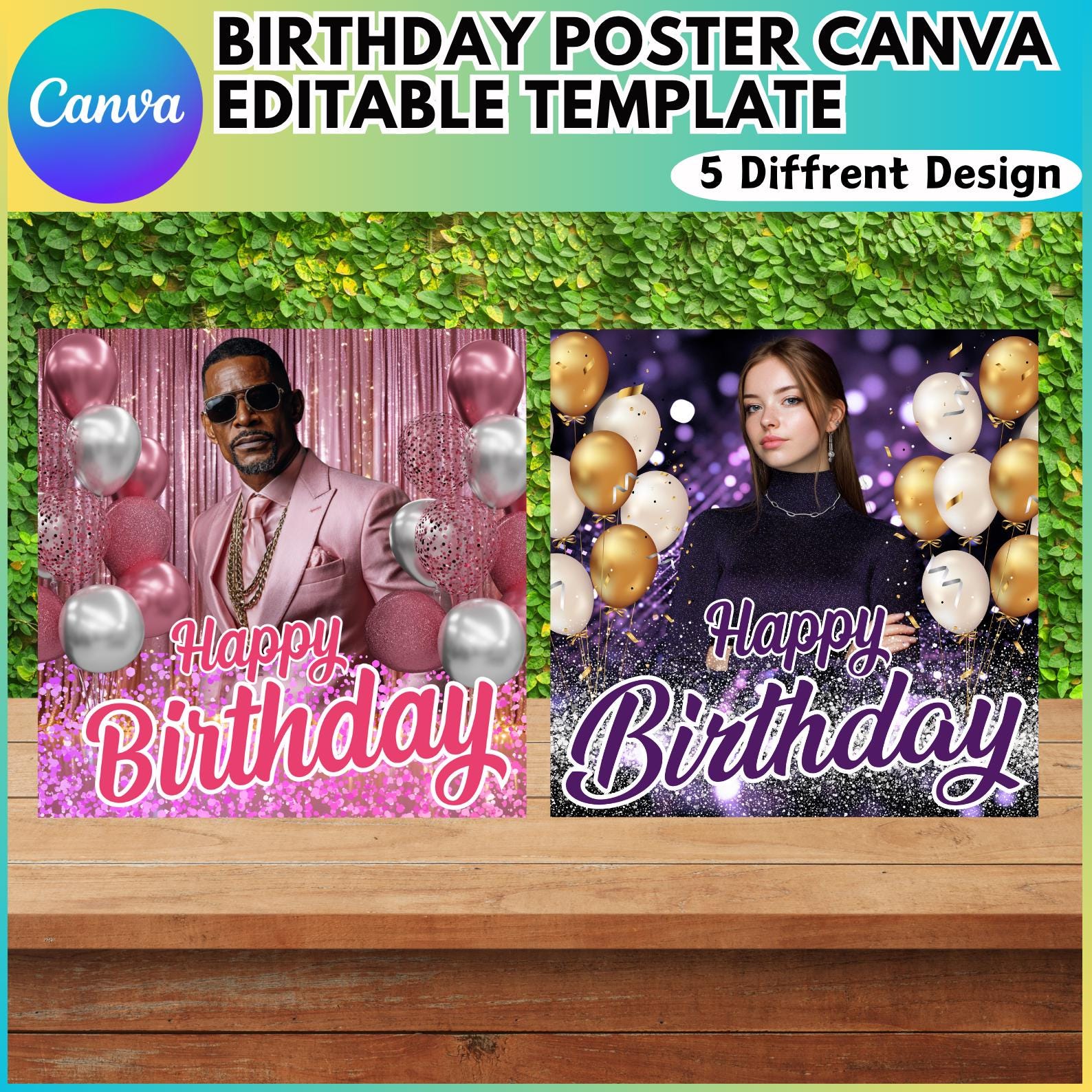 Birthday Backdrop Canva Editable Template, Green and Orange Birthday ...