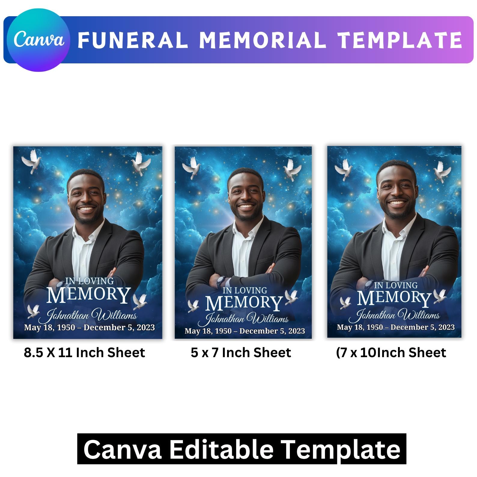 Blue Funeral Program Canva Template, 03 Different Sizes Obituary Design ...