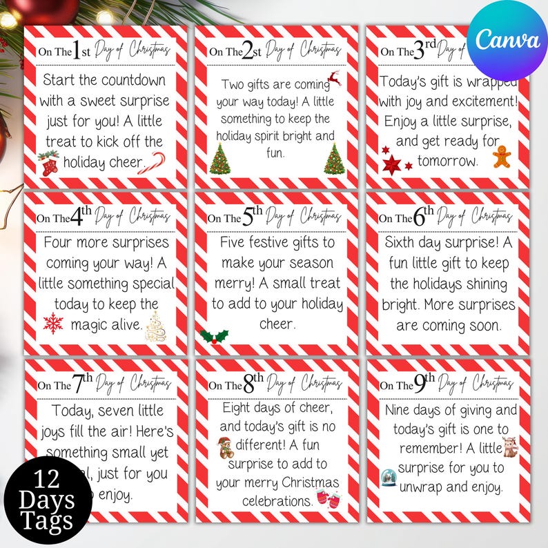 12 Days of Christmas Tags, Editable Printable Gift Tags, Christmas ...