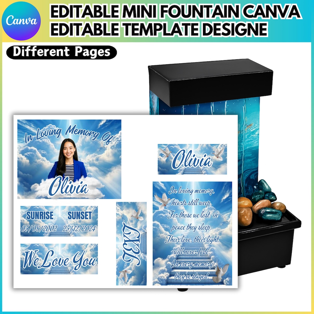 Memorial Mini Fountain Blue Canva Editable Template, 6pcs Custom ...