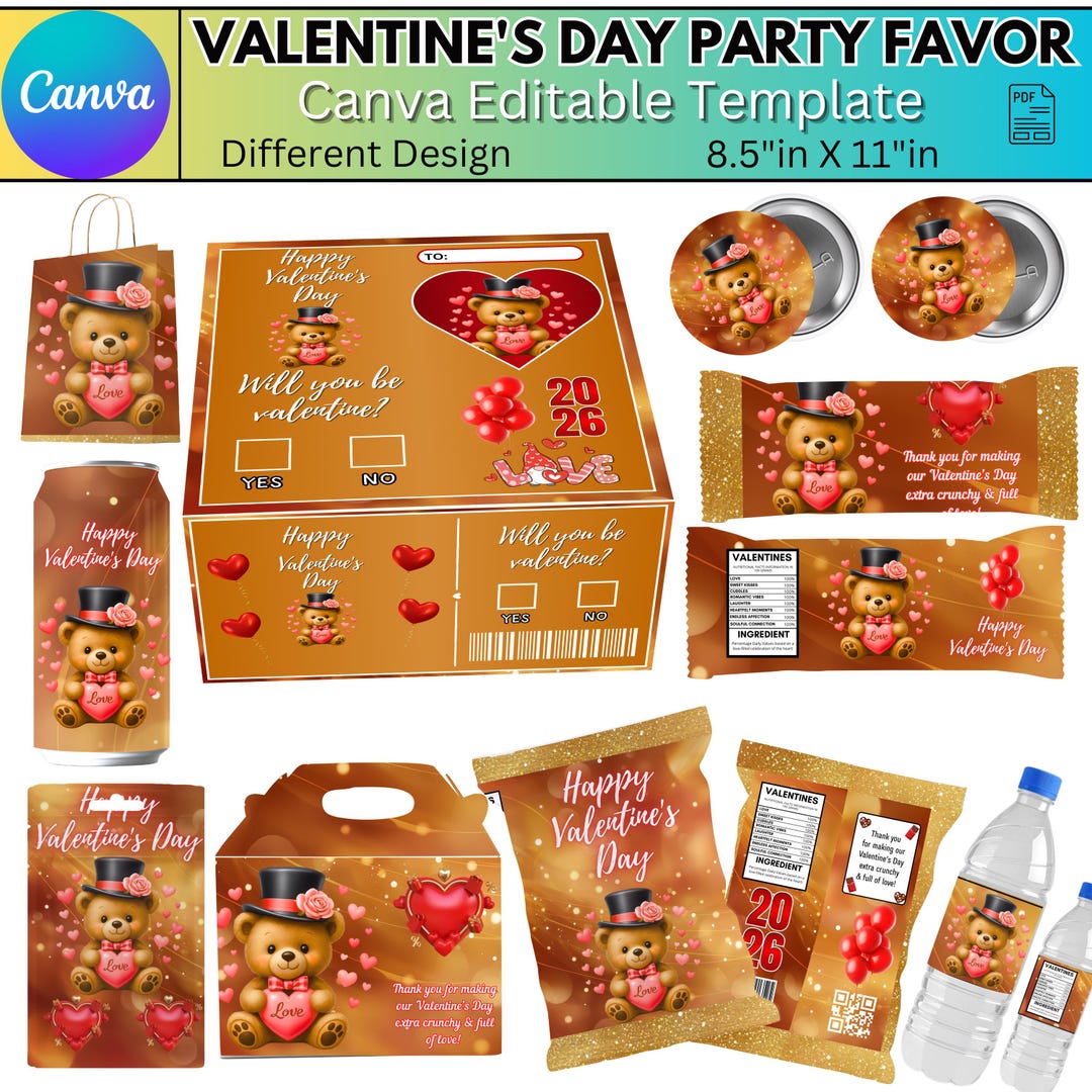 Valentine’s Day Party Favor Templates, Pink Chip Bag and Juice Box ...