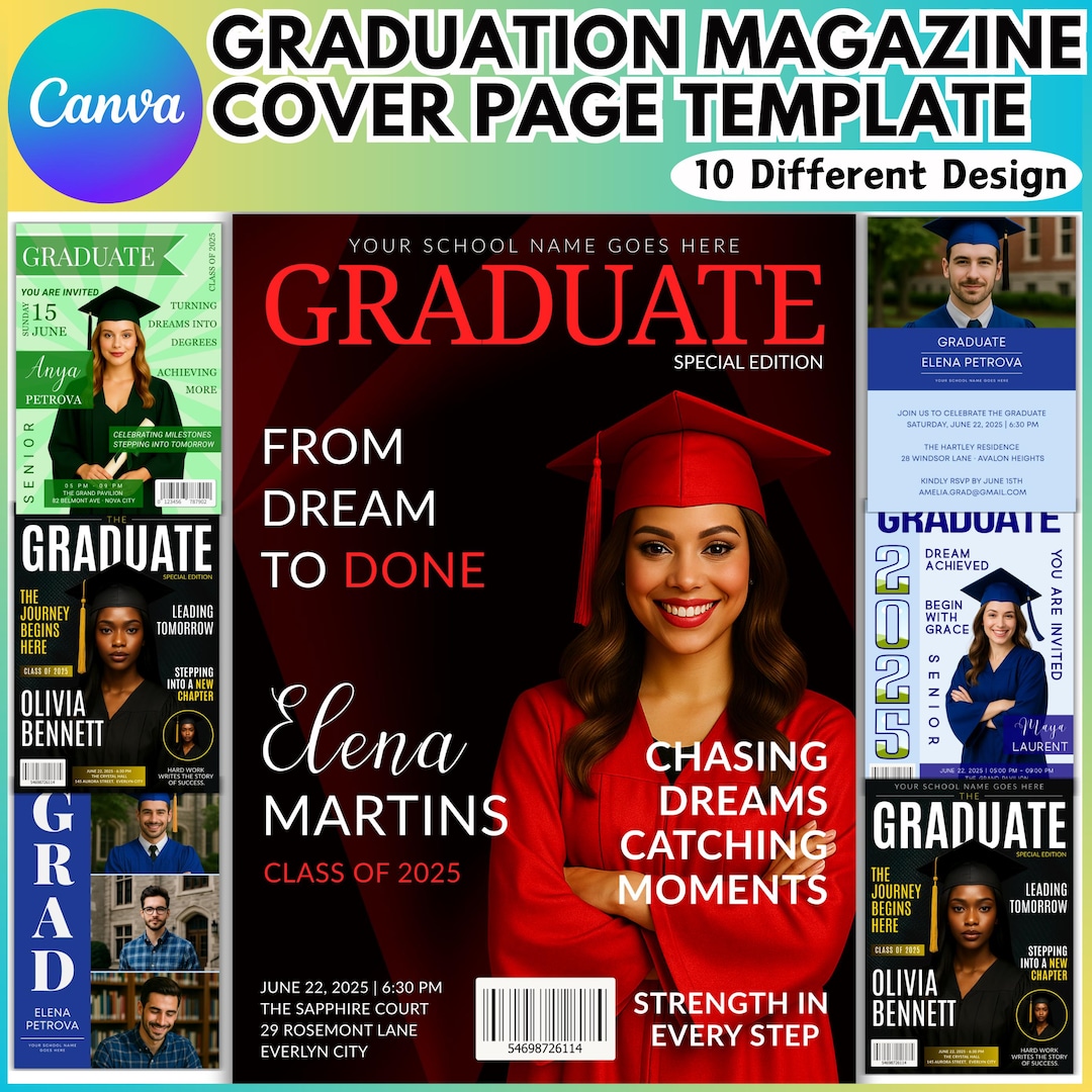 Graduation Magazine Book Cover Canva Editable Template Bundle, 2025 ...