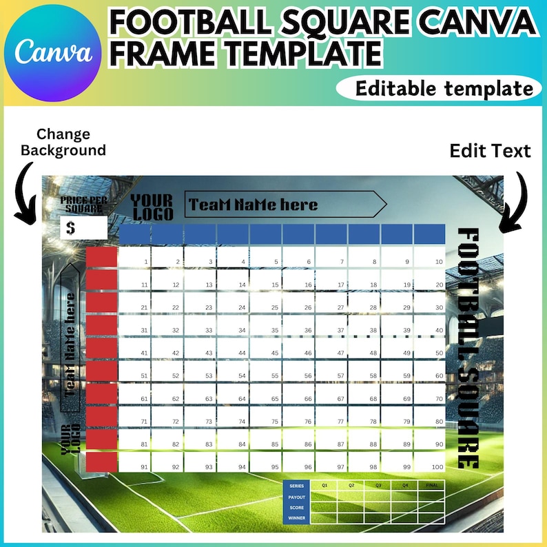 Football Squares Canva Editable Template, 100 Super Big Game Squares ...