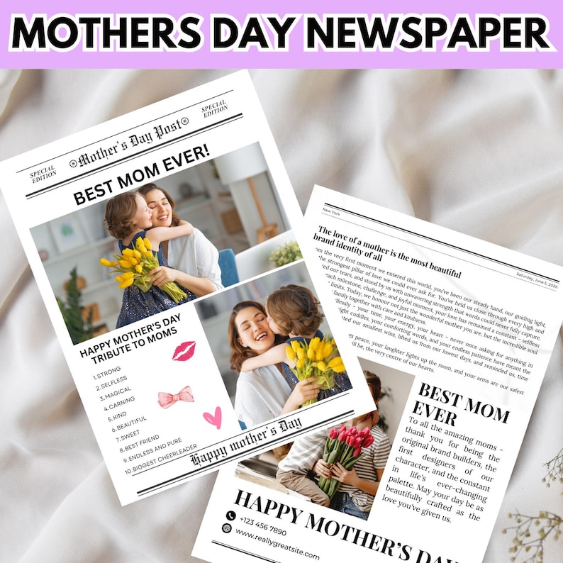 Mothers Day Newspaper Canva Editable Template, Mothers Day Gift Design ...