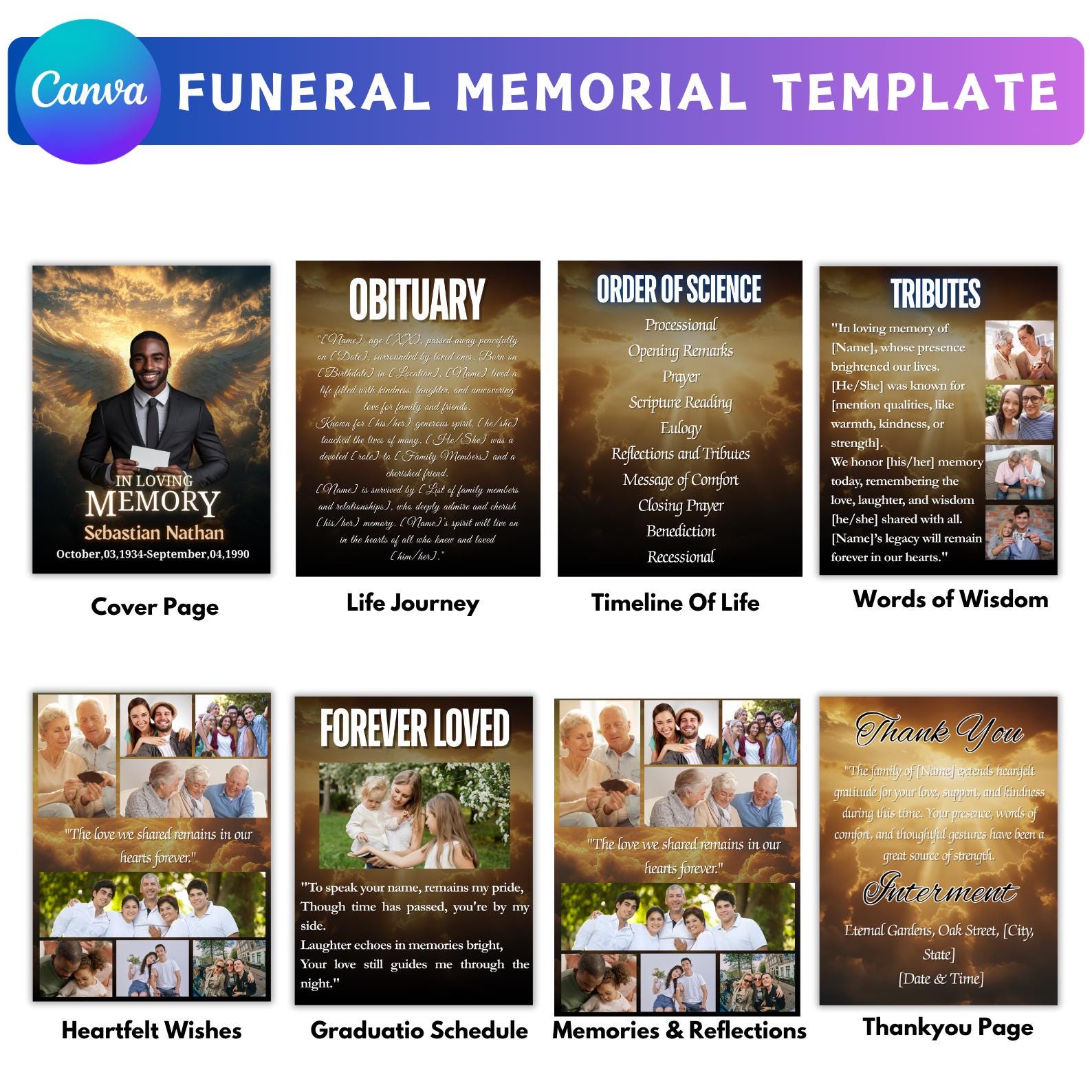 Black and Golden Funeral Program Canva Template, Obituary Design ...