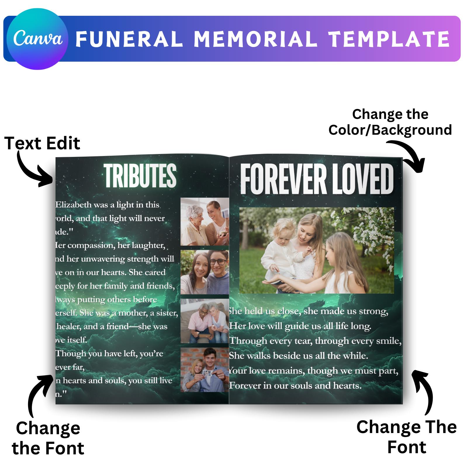 Green Funeral Program Canva Template, Obituary Design, Celebration of ...