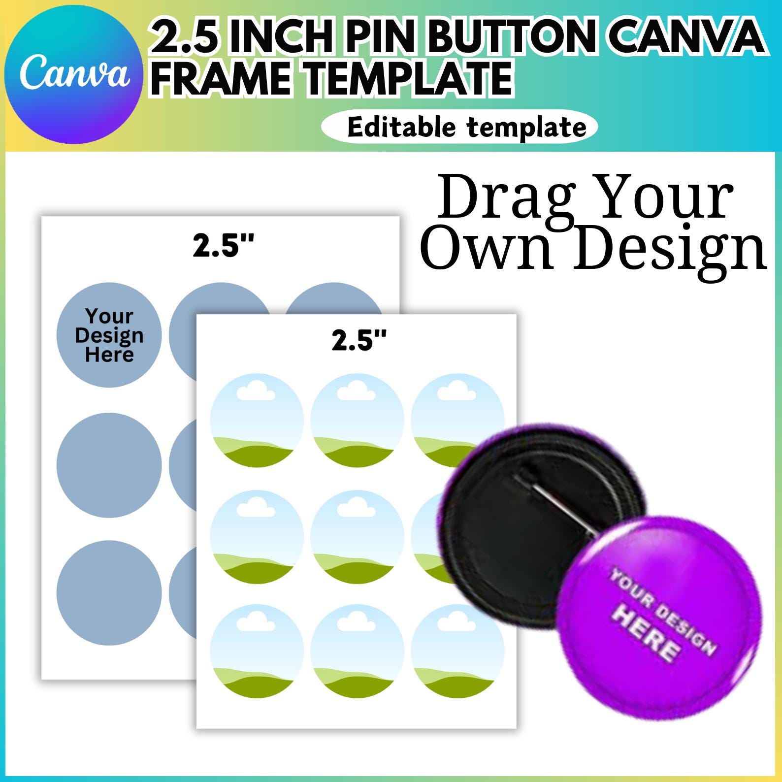 2.5 Inch Button Pin Template, Canva Editable Pin Button Template ...