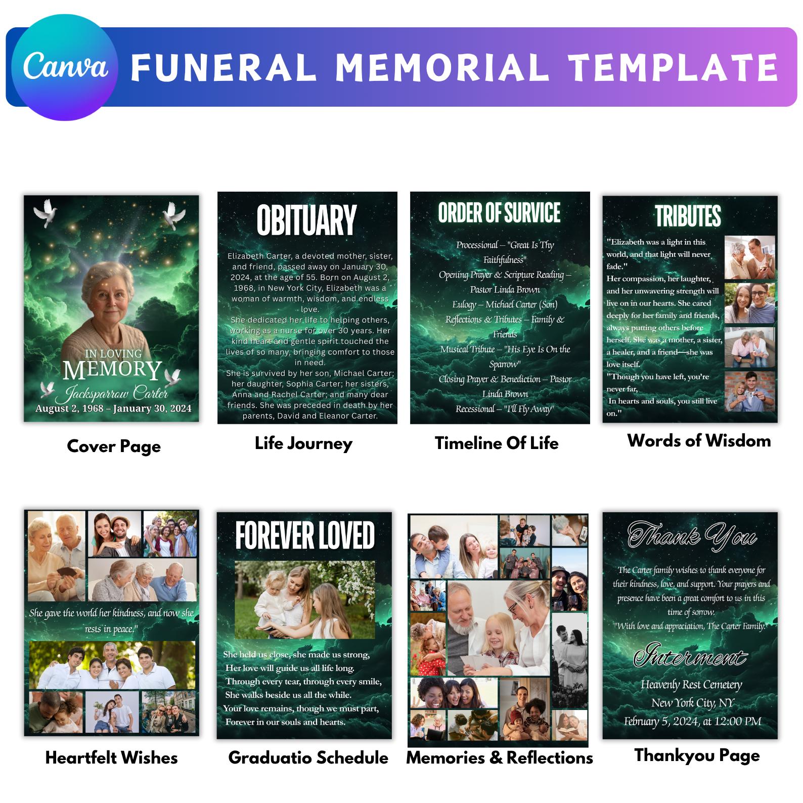 Green Funeral Program Canva Template, Obituary Design, Celebration of ...