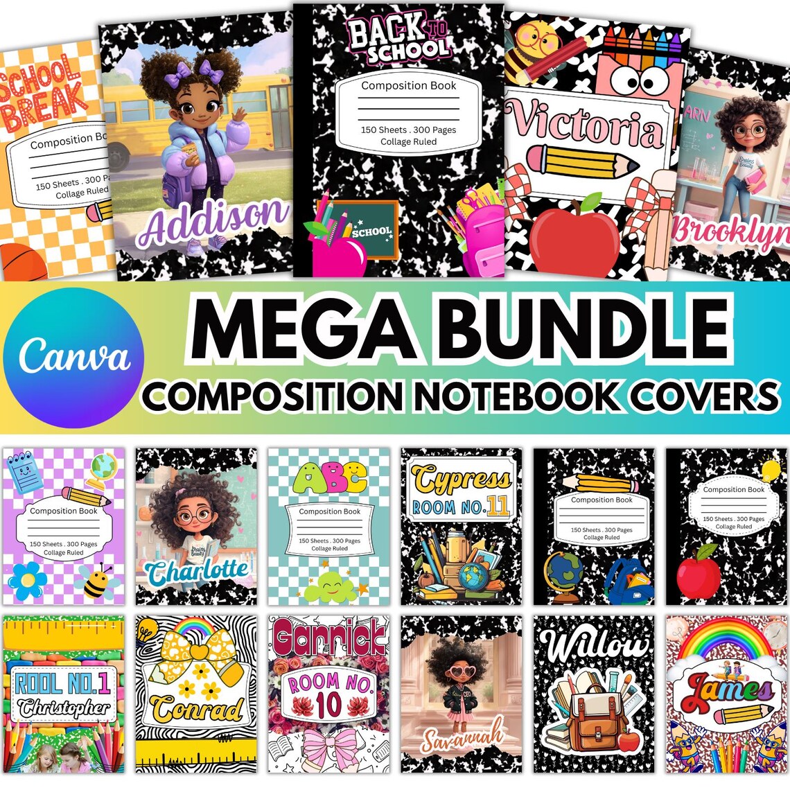 Composition Book Cover Mega Bundle, Canva Composition Notebook Design ...