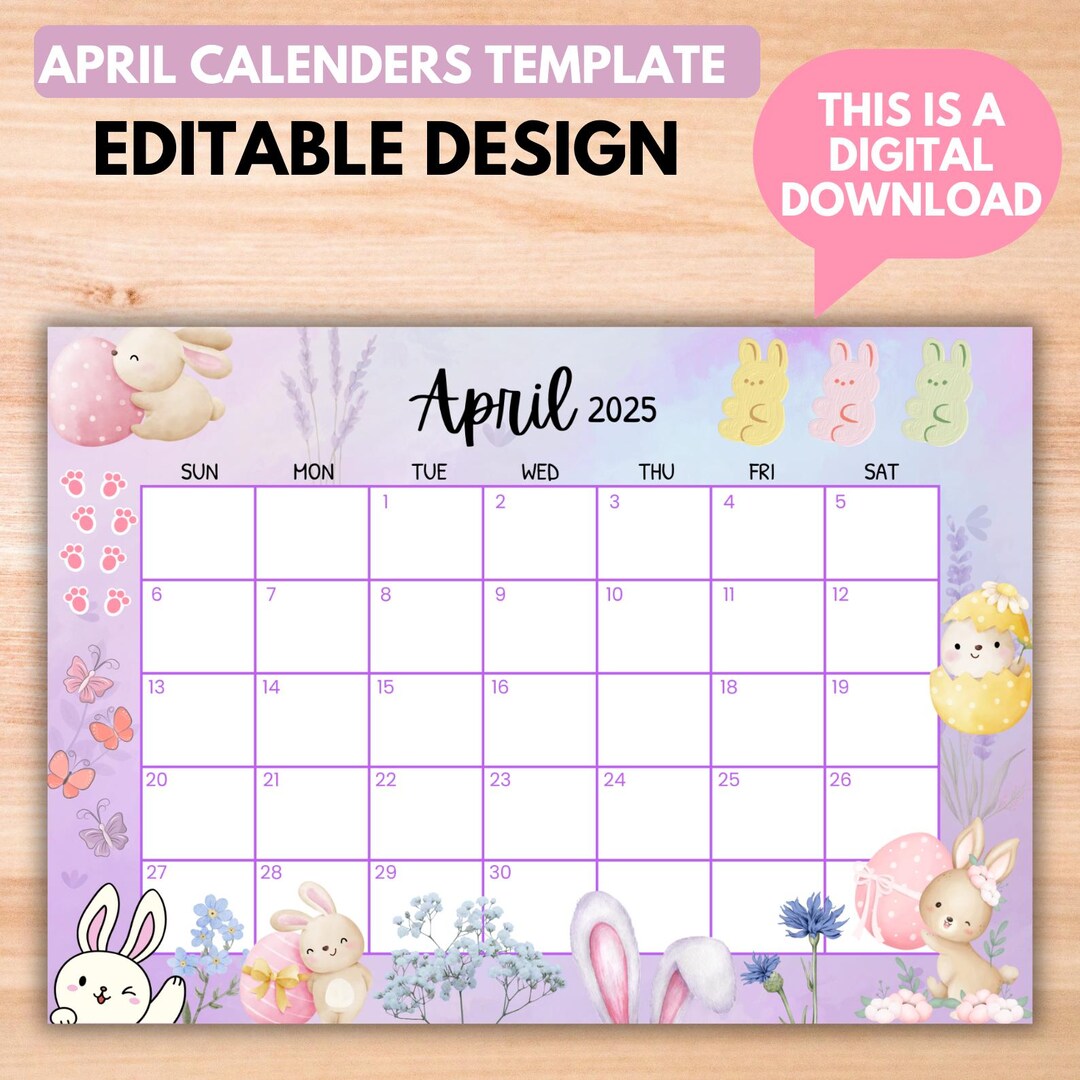 April Calendar Editable Template, Happy Ester Printable, Easter Bunny ...