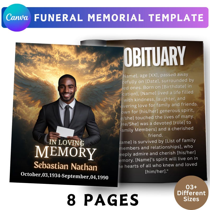 Black and Golden Funeral Program Canva Template, Obituary Design ...