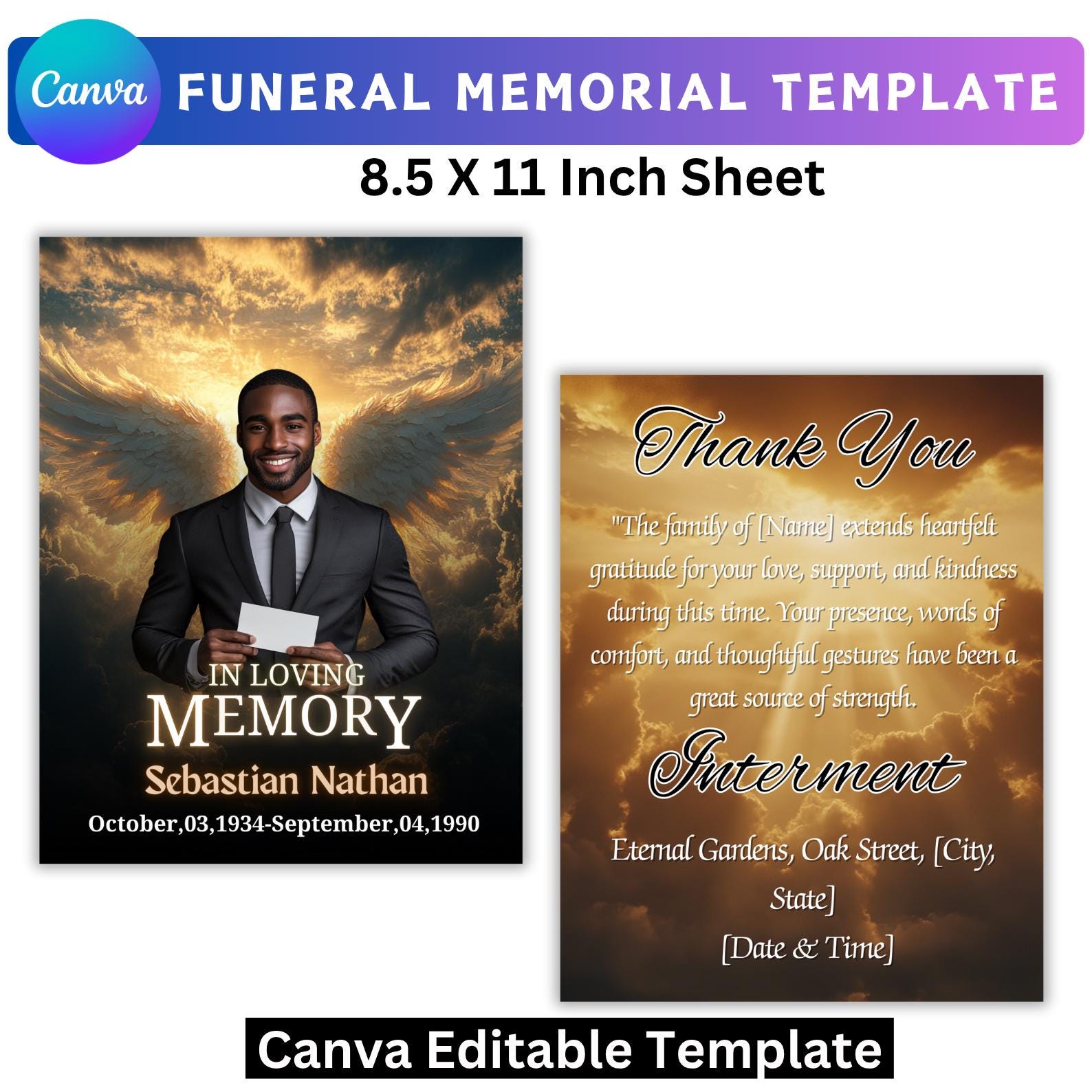 Black and Golden Funeral Program Canva Template, Obituary Design ...