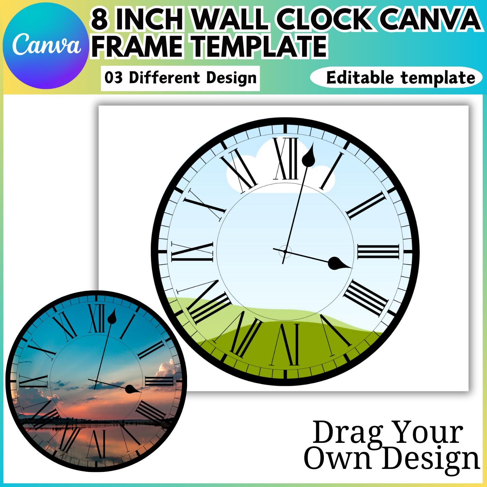 8inch Clock Sublimation Canva Editable Template, Wall Clock Template ...