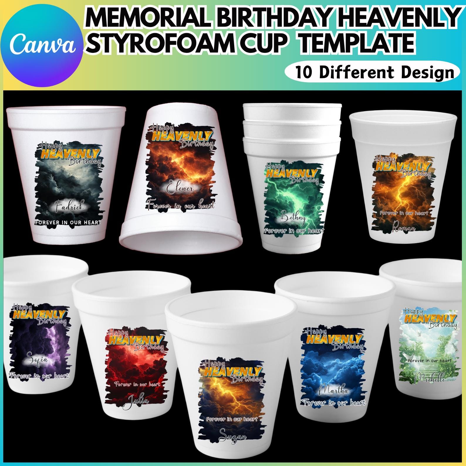 Heavenly Birthday Cup Sticker Canva Editable Template, Heavenly ...