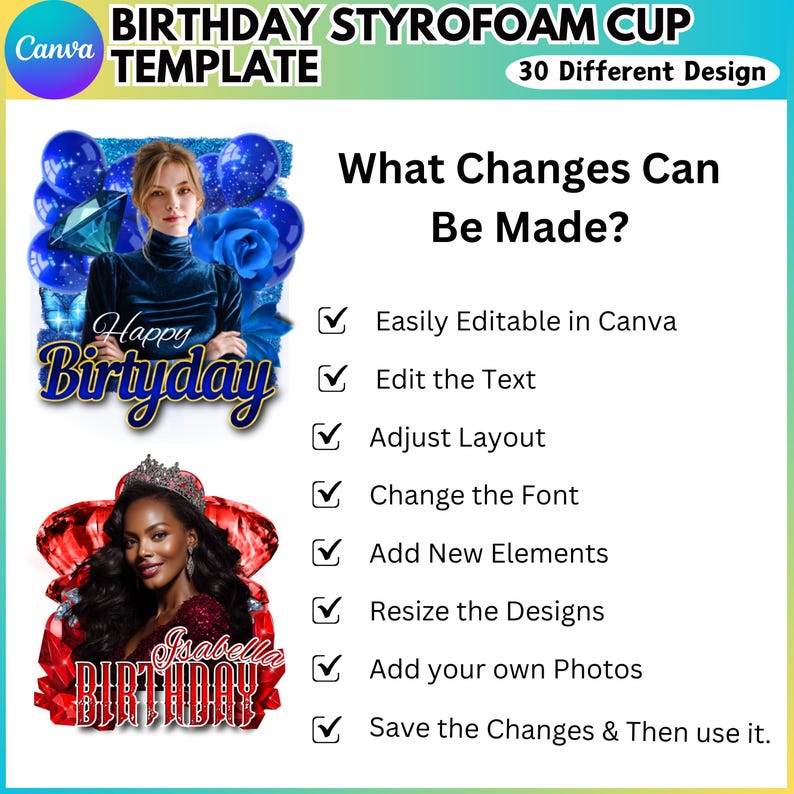 Birthday Sticker Canva Editable Template, Birthday Party Styrofoam Cup ...
