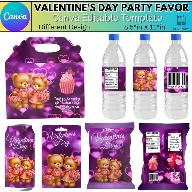 Valentine’s Day Party Favor Templates, Pink Chip Bag and Juice Box ...