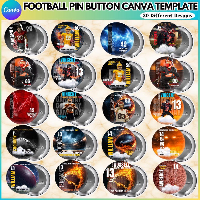 Football Pin Button Canva Template, Editable Game Day Buttons, Custom ...