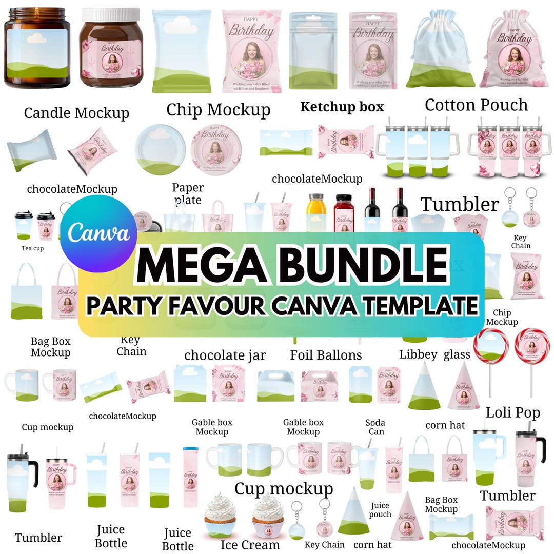 Party Favor Mockups Template Mega Bundle, Party Favor Canva Editable ...