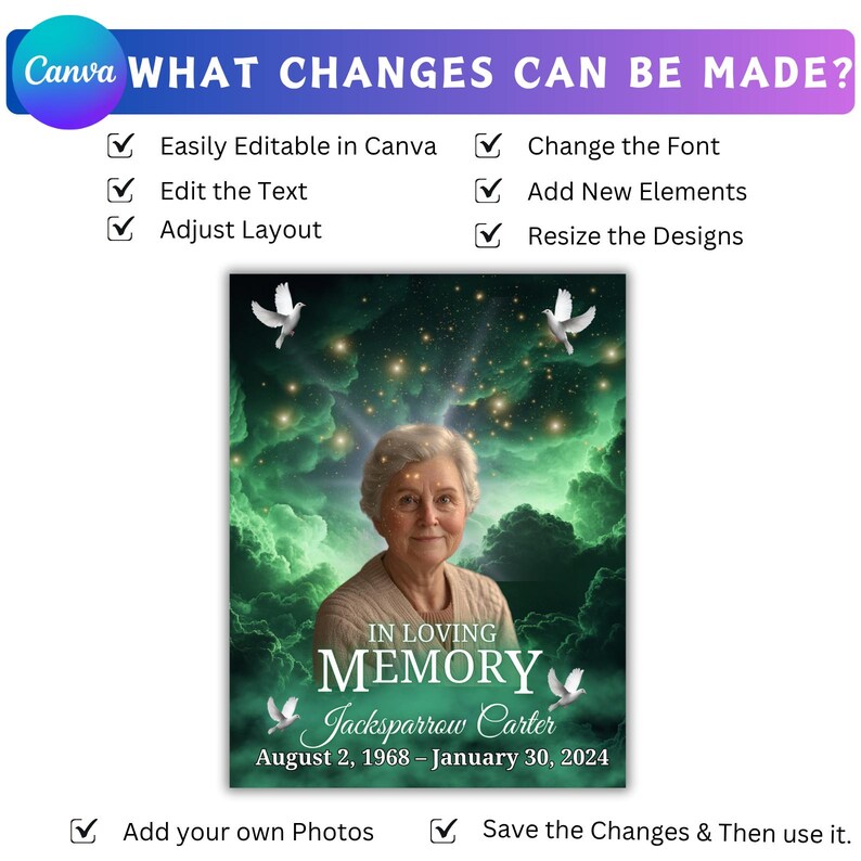 Green Funeral Program Canva Template, Obituary Design, Celebration of ...