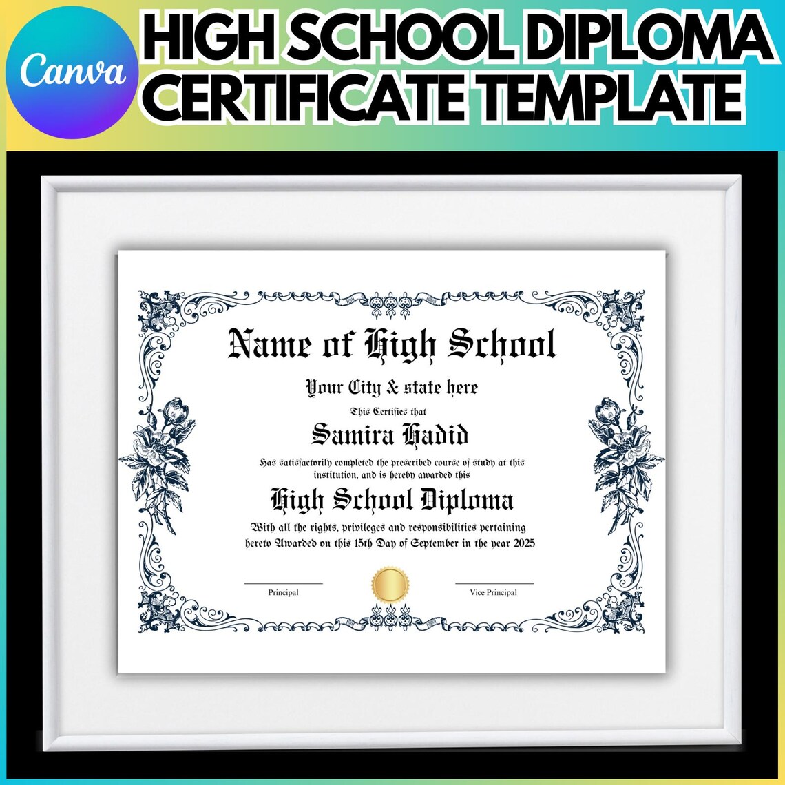 Certificate Diploma Canva Editable Template, High School Certificate ...
