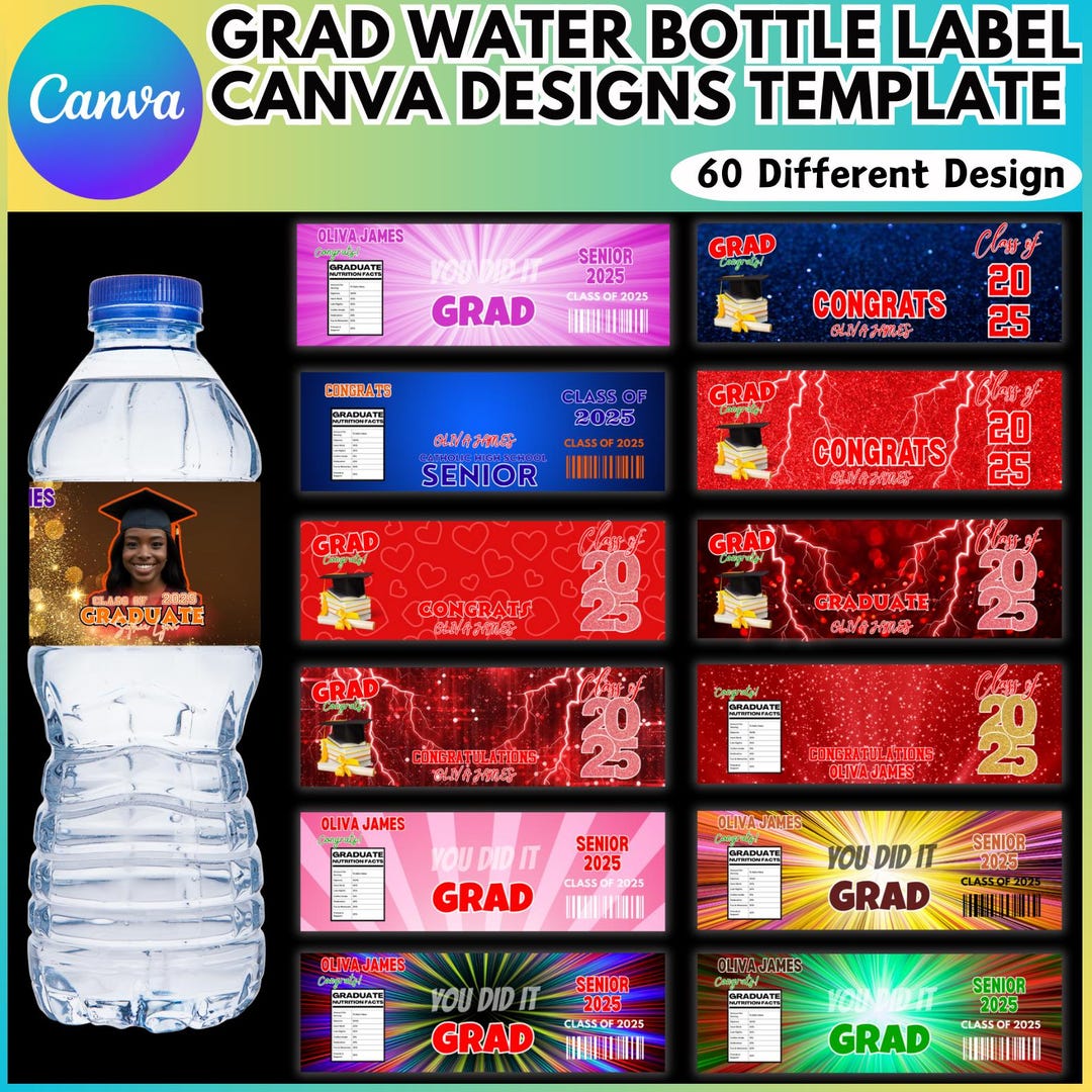 Graduation Water Bottle Label Canva Editable Template Bundle, Grad ...