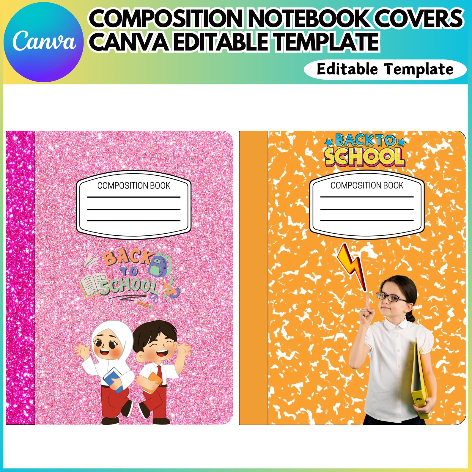 Editable Composition Notebook Cover Canva Bundle, Composition Notebook ...