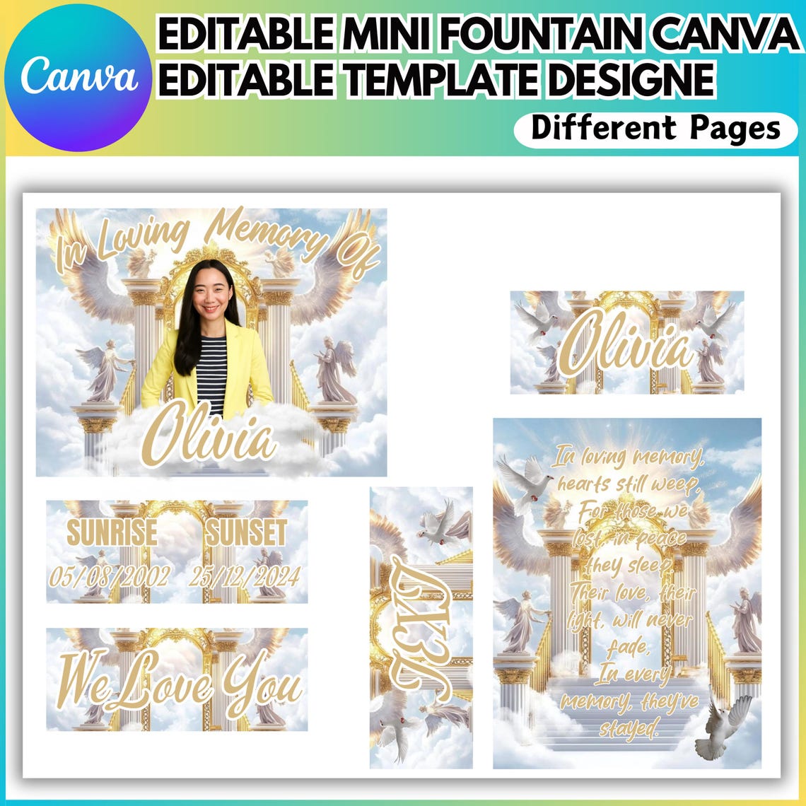 Memorial Mini Fountain White Canva Editable Template, 6pcs Custom ...