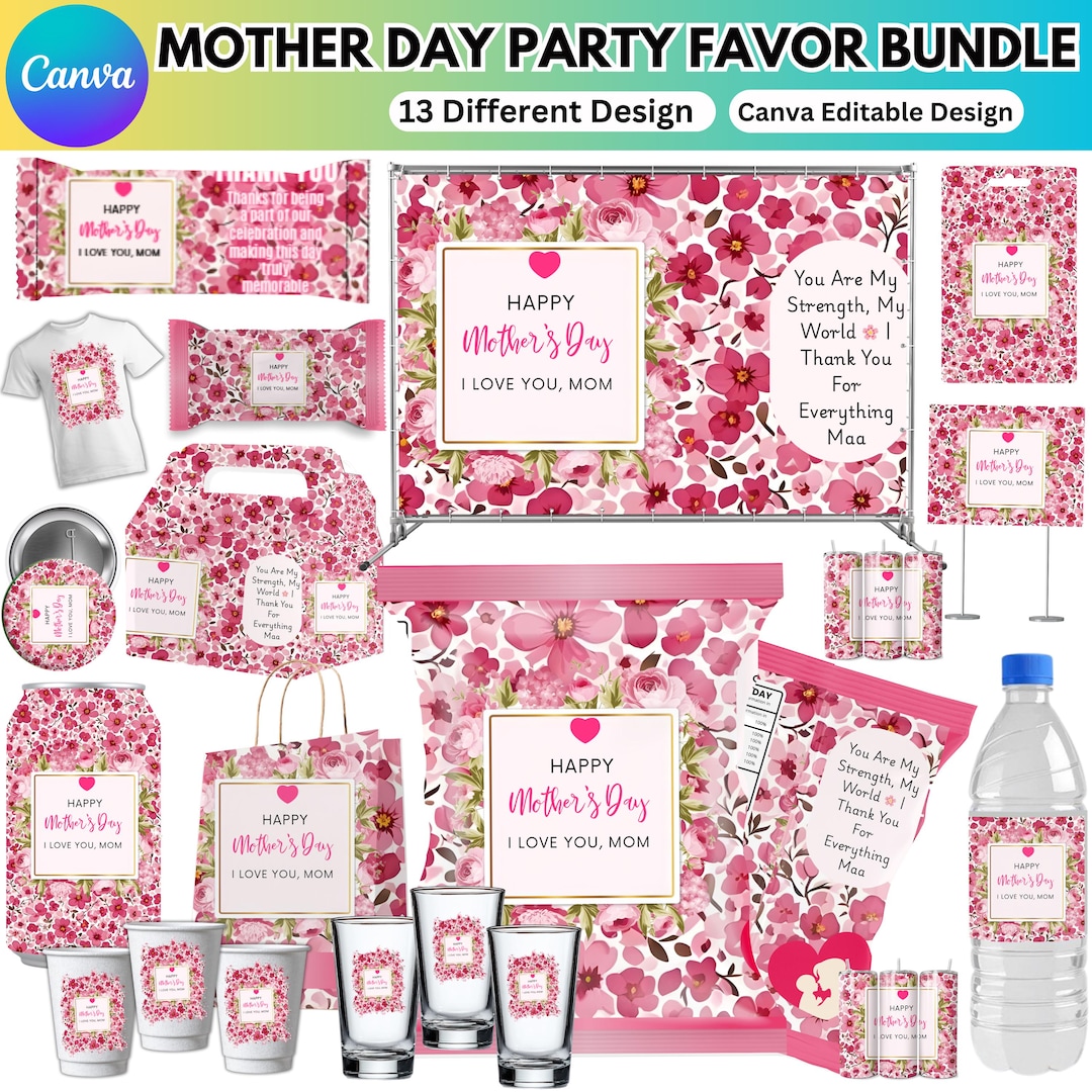 Mother’s Day Party Favor Bundle – Floral Pink Mom Kit, Editable Canva ...