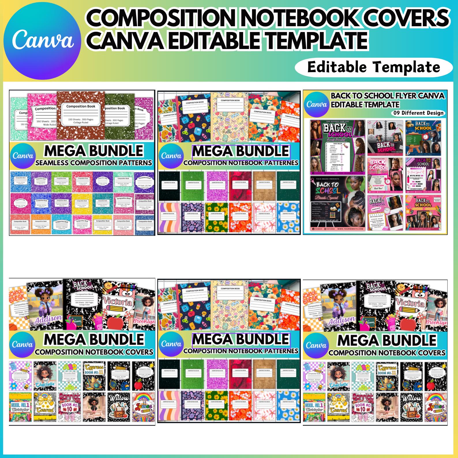 Composition Note Book Covers Canva Mega Bundle, Notebook Label Template ...
