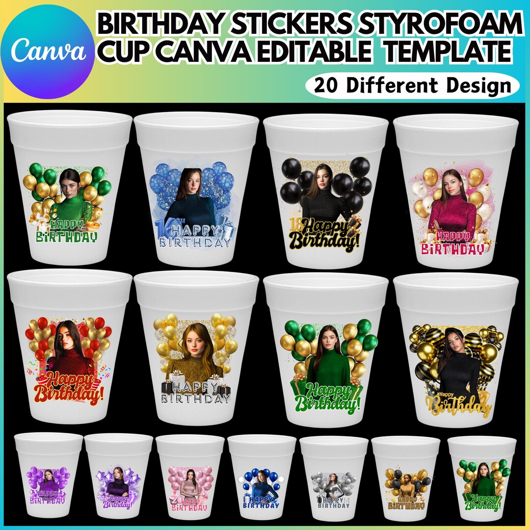 Birthday Styrofoam Cup Sticker Editable Template, Birthday Party ...