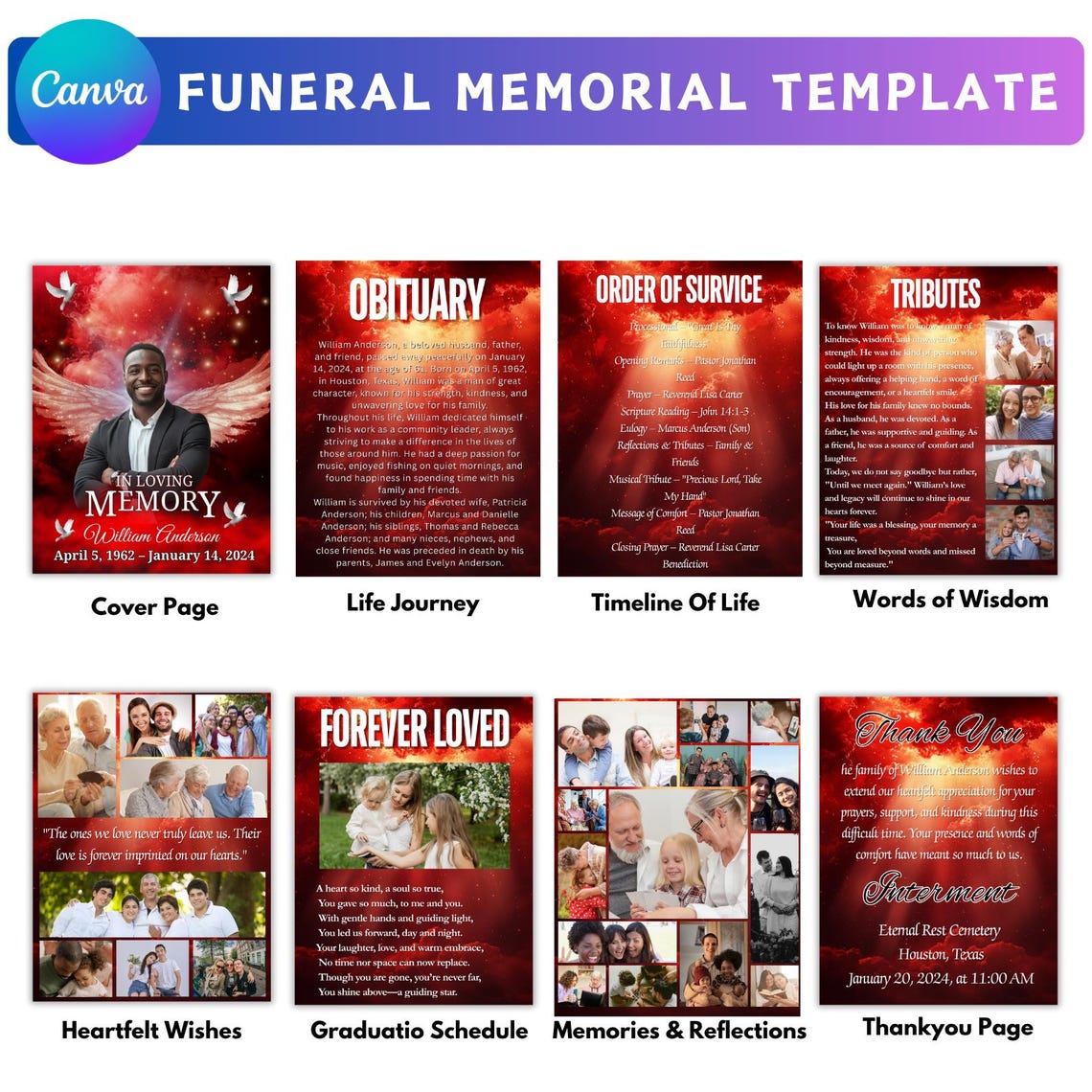 Purple Funeral Program Canva Template, 03 Different Sizes, Celebration ...