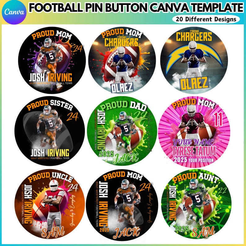 Football Pin Button Canva Template, Editable Game Day Buttons, Custom ...
