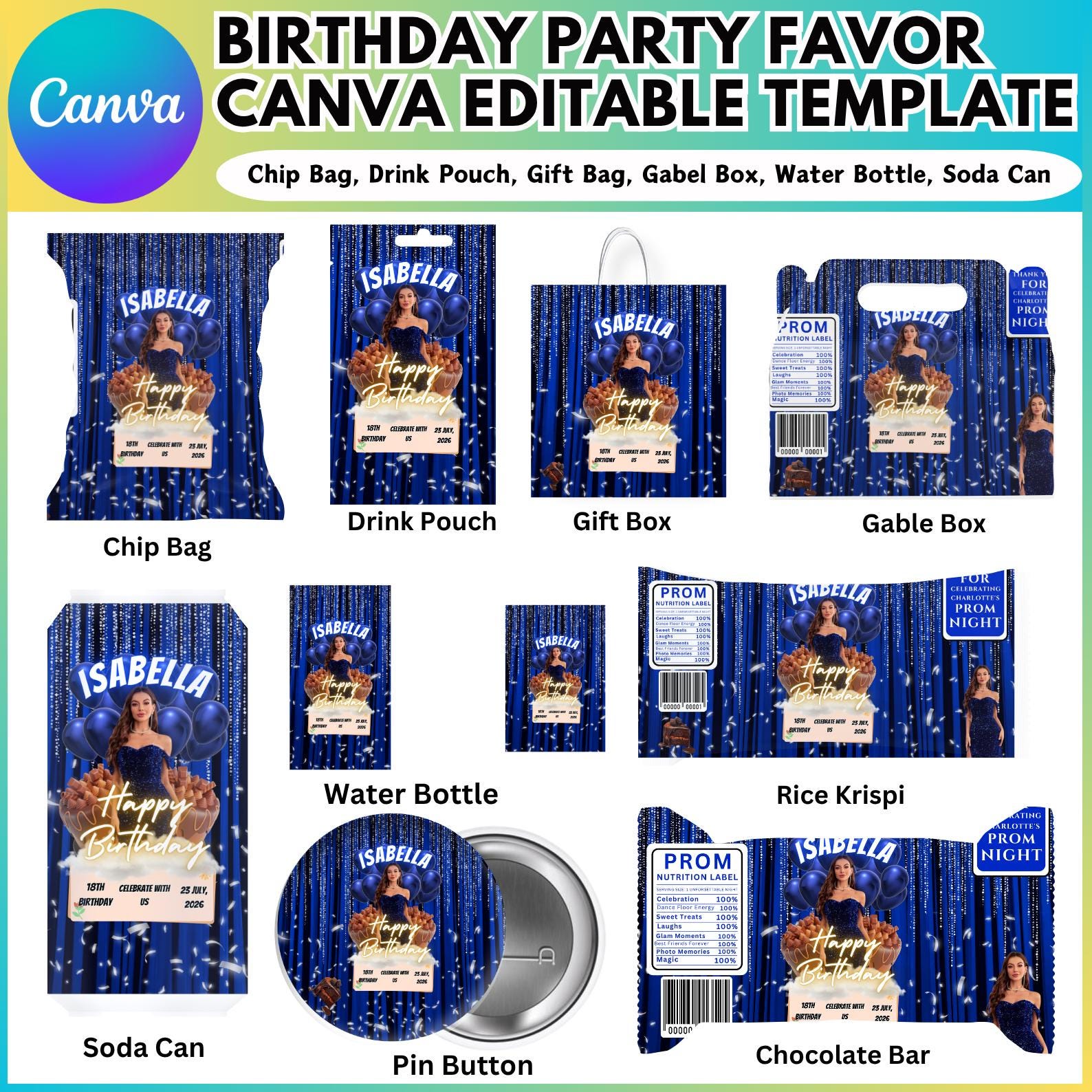 Blue Birthday Party Favor Design Bundle, Party Favor Pack, Birthday ...