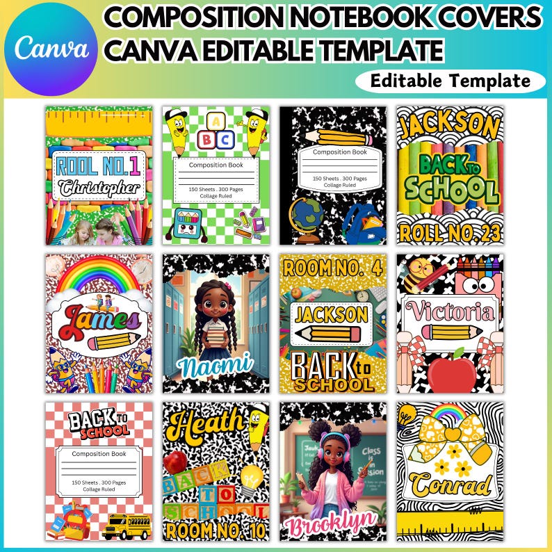 Composition Book Cover Mega Bundle, Canva Composition Notebook Design ...