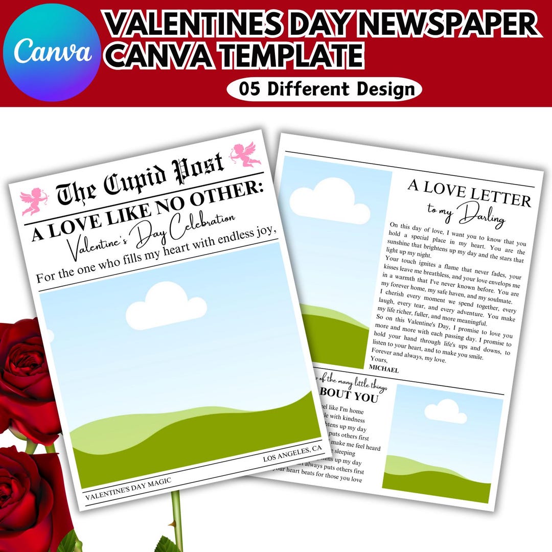 Valentines Cupid Post Newspaper Canva Editable Template, Custom ...
