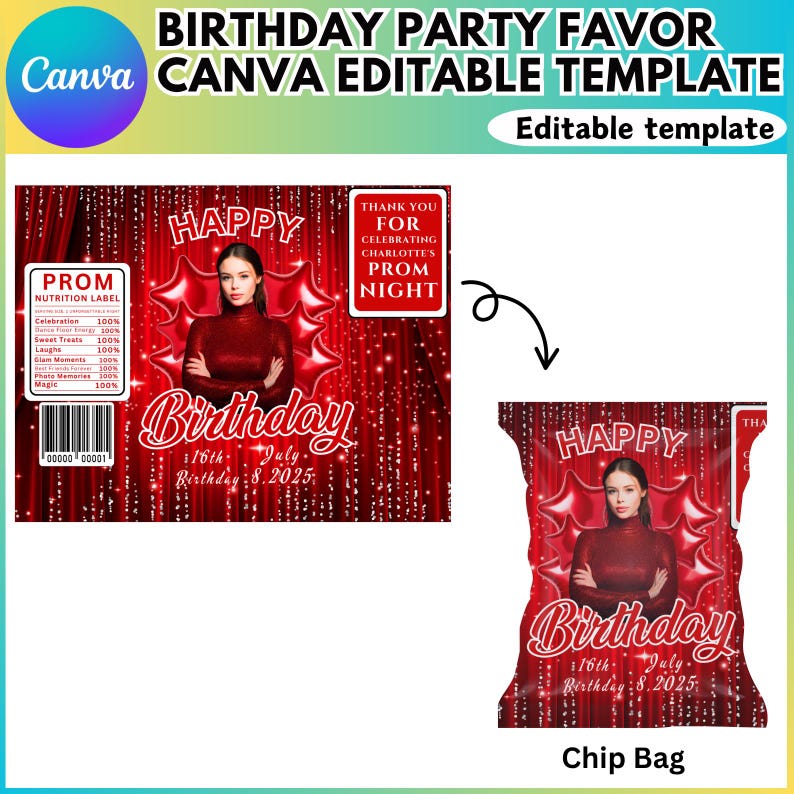 Red Birthday Party Favor Design Bundle, Party Favor Pack, Birthday Chip ...