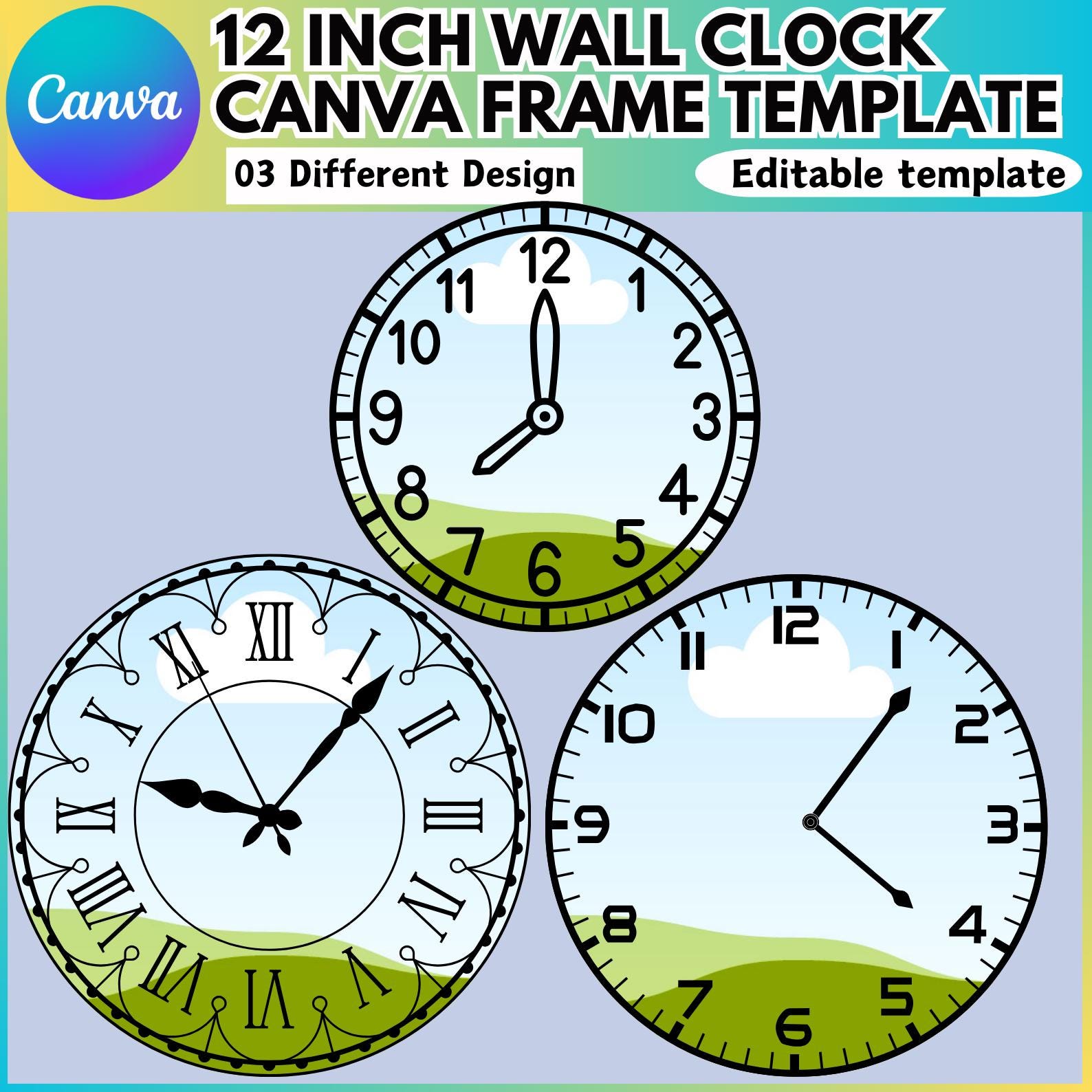 12inch Clock Sublimation Canva Editable Template, Wall Clock Template ...