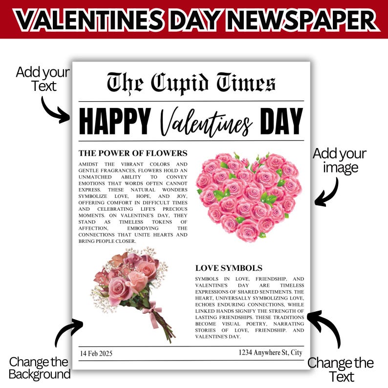 Valentines Cupid Post Newspaper Canva Editable Template, Custom ...