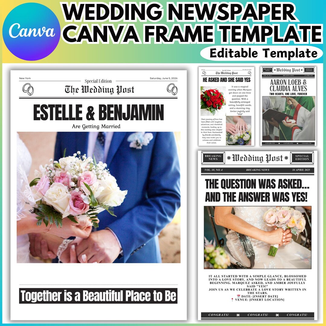 Wedding Newspaper Canva Editable Template Bundle, Wedding Canva ...