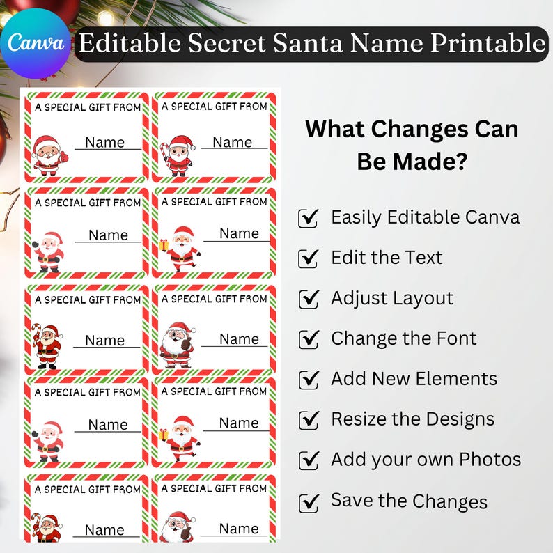 Editable Secret Santa Name Draw Cards, Office Secret Santa Game, White ...