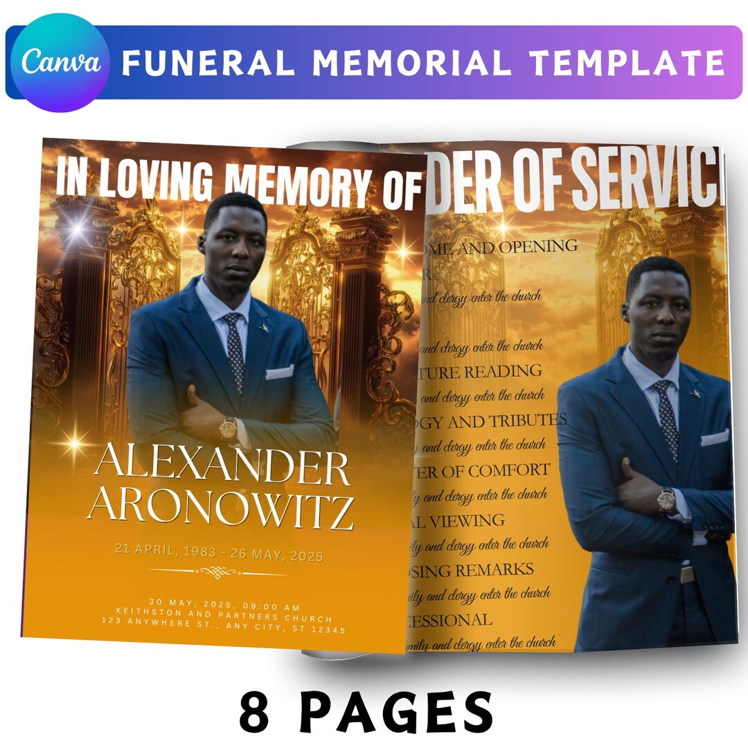 Golden Funeral Program Canva Template, Celebration of Life Orange, 8 ...
