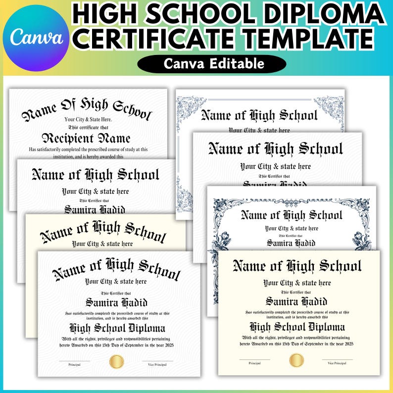 Certificate Diploma Canva Editable Template, High School Certificate ...