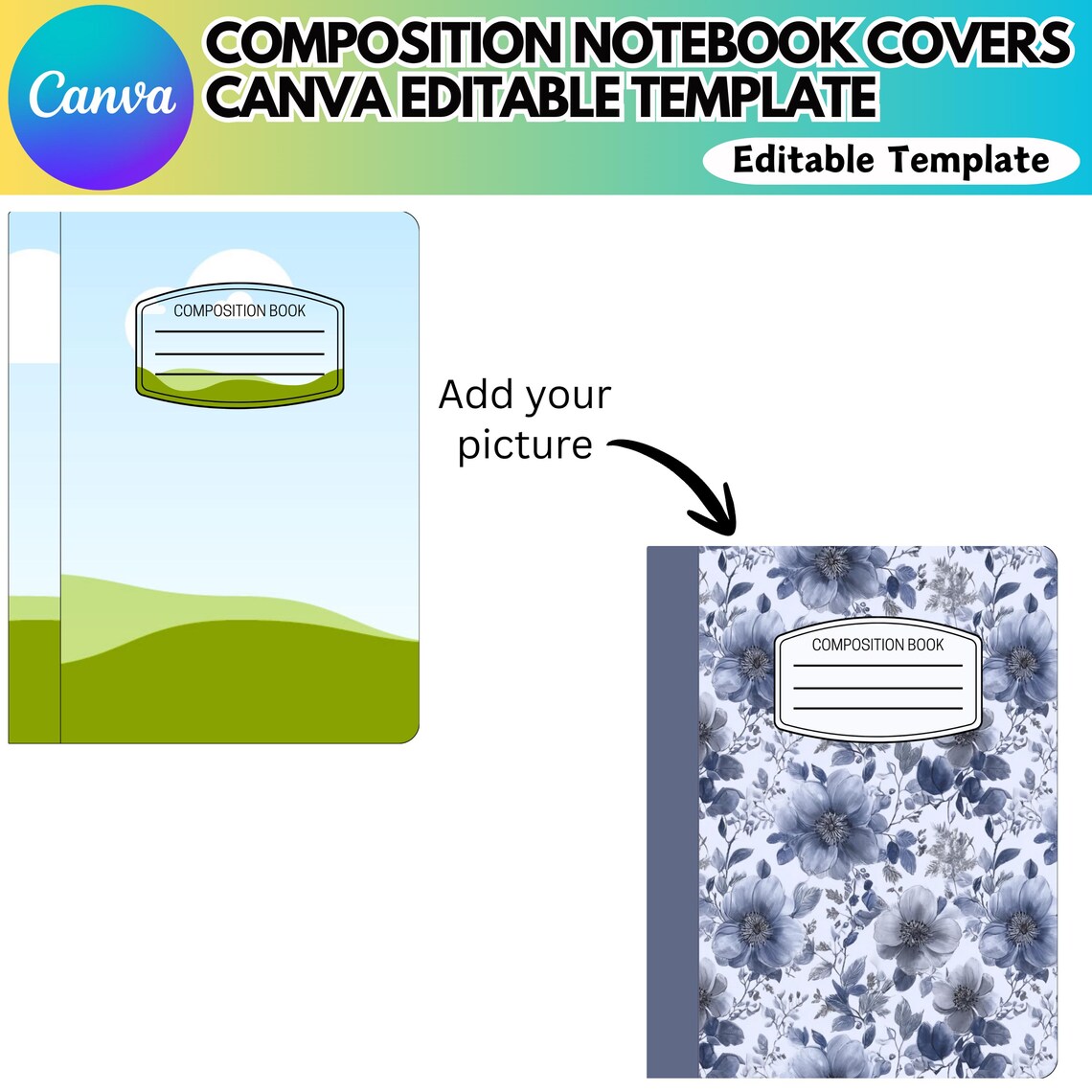 Editable Composition Notebook Cover Canva Bundle, Composition Notebook ...