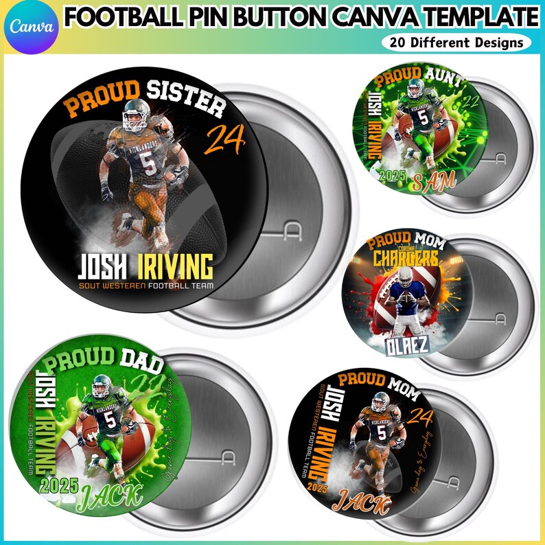 Football Pin Button Canva Template, Editable Game Day Buttons, Custom ...