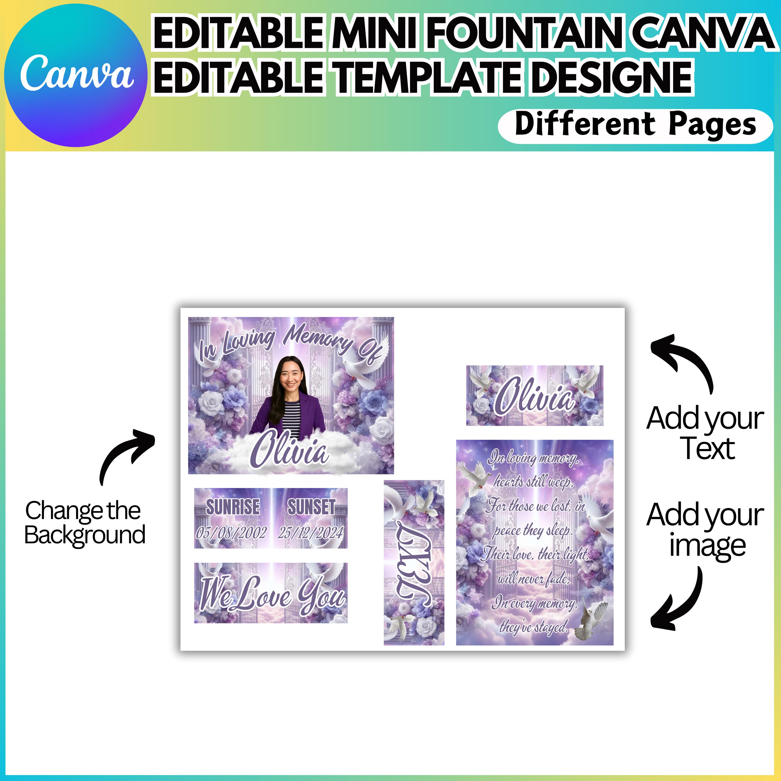 Memorial Mini Fountain Purple Canva Editable Template, 6pcs Custom ...