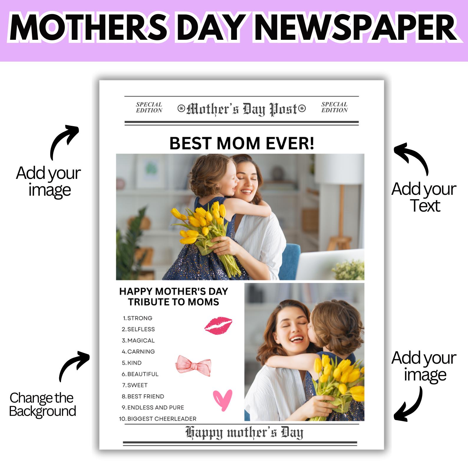 Mothers Day Newspaper Canva Editable Template, Mothers Day Gift Design ...