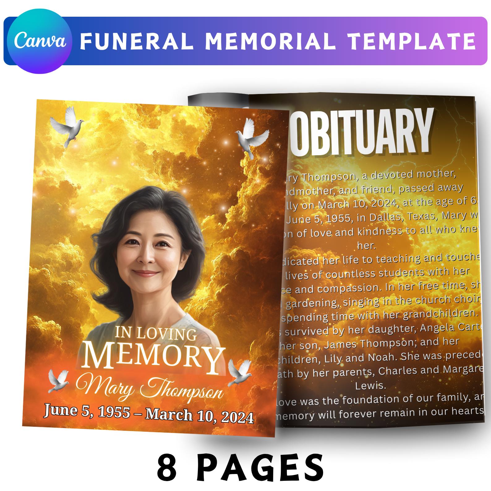 Yellow Funeral Program Canva Template, Obituary Design, Celebration of ...