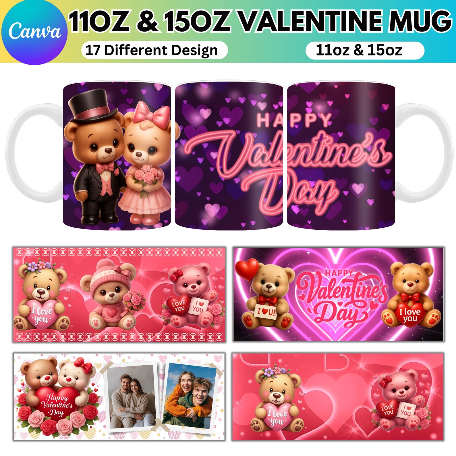 Valentine’s Day Mug Wrap Bundle | Love Mug Design Set | Editable Canva ...