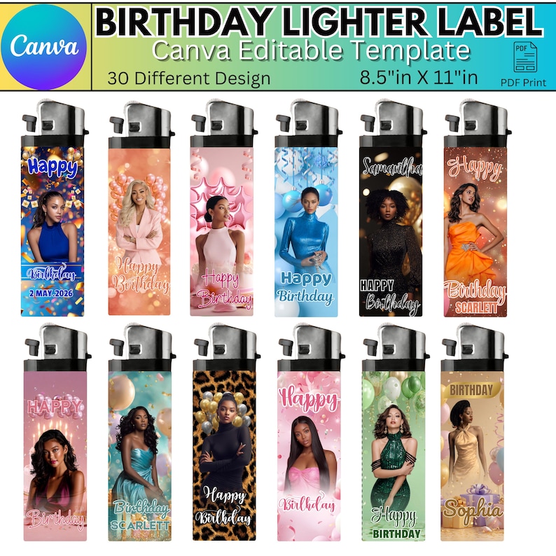 Girl Birthday Lighter Template Bundle, Animal Print Party Favor Design ...