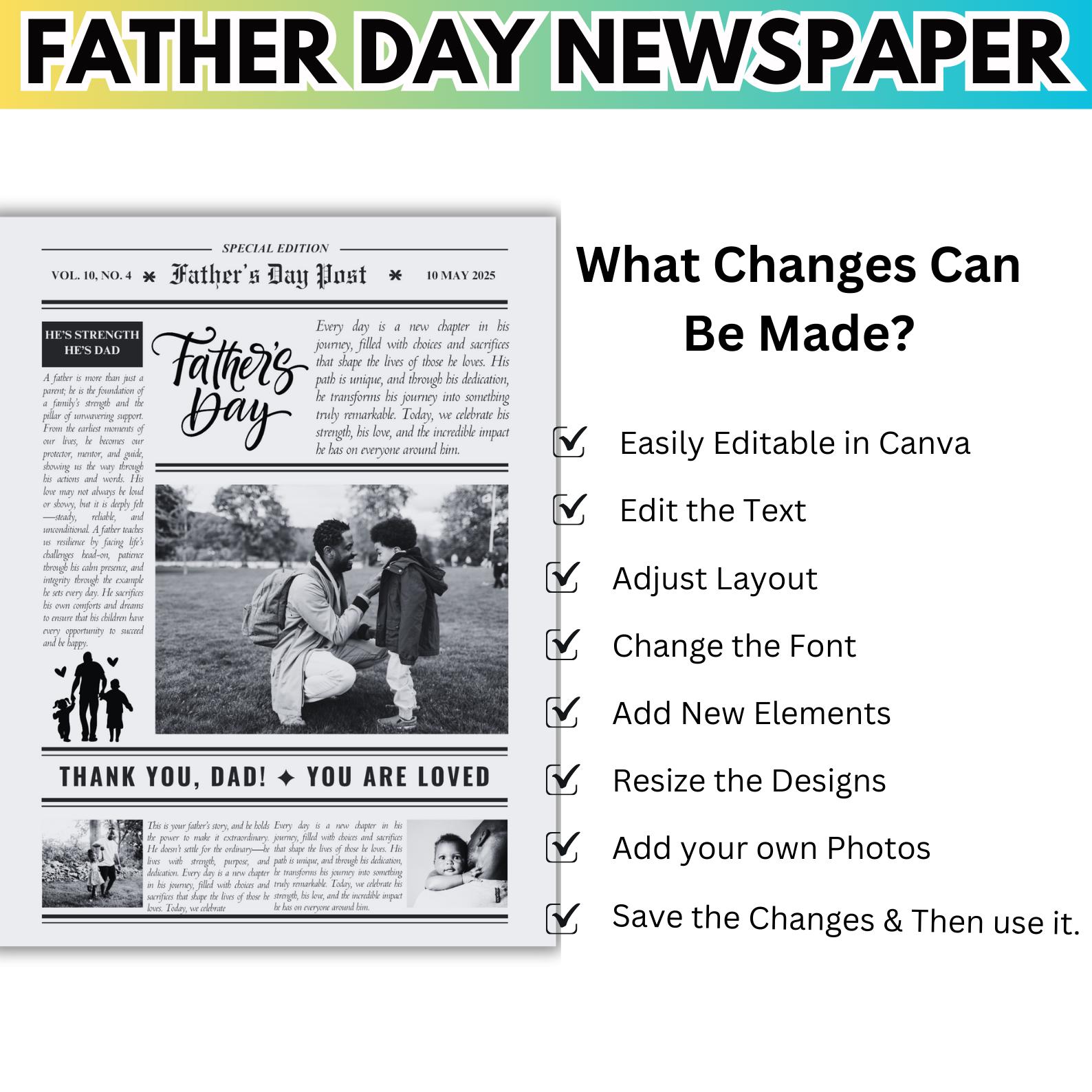 Fathers Day Newspaper Canva Editable Template Bundle, Fathers Day Gift ...